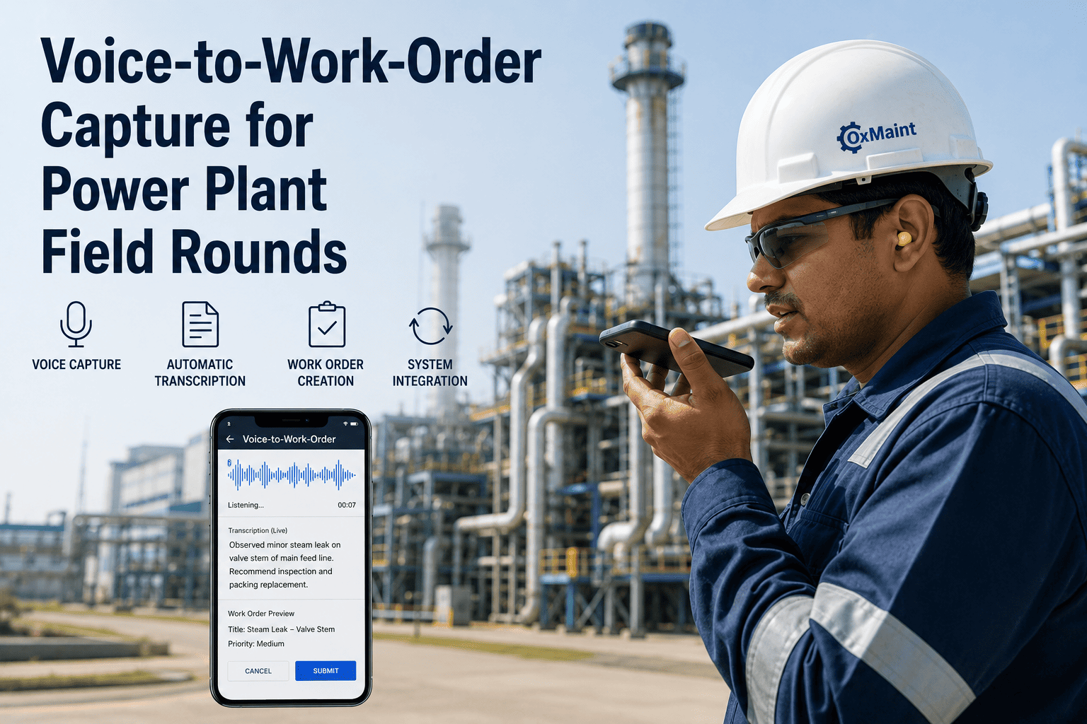 Voice-to-Work-Order Capture for Power Plant Field Rounds